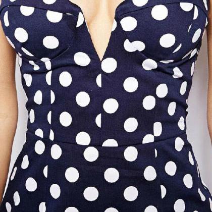 Navy Polka Dot Dot Bra Straps Deep V Fashion Sexy Women Lady Dresses ...